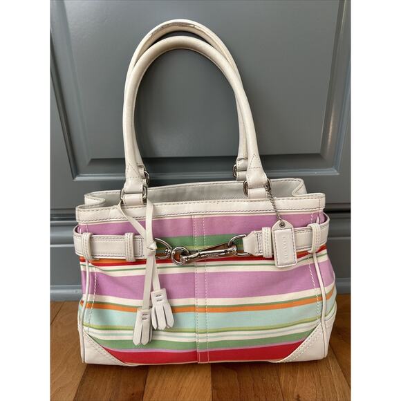 Coach | Bags | Coach Hampton Multicolor Purse Canvas White Leather Trim ...